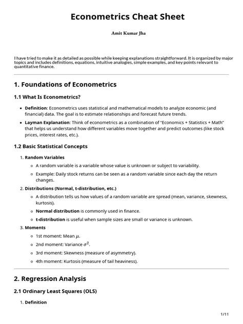Econometrics Cheat Sheet Pdf Ordinary Least Squares Econometrics