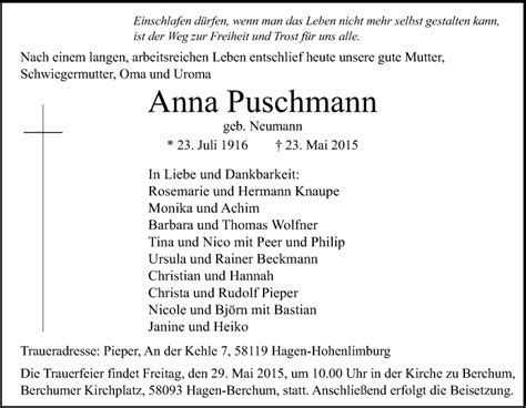 Traueranzeigen Von Anna Puschmann Trauer In Nrwde