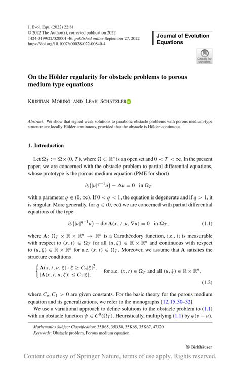Pdf On The Hölder Regularity For Obstacle Problems To Porous Medium