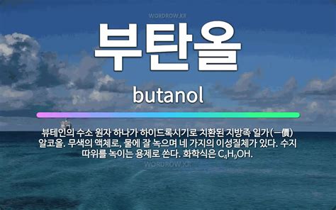 🌟부탄올 뷰테인의 수소 원자 하나가 하이드록시기로 치환된 지방족 일가一價 알코올 무색의 액체로 물 표준국어대사전