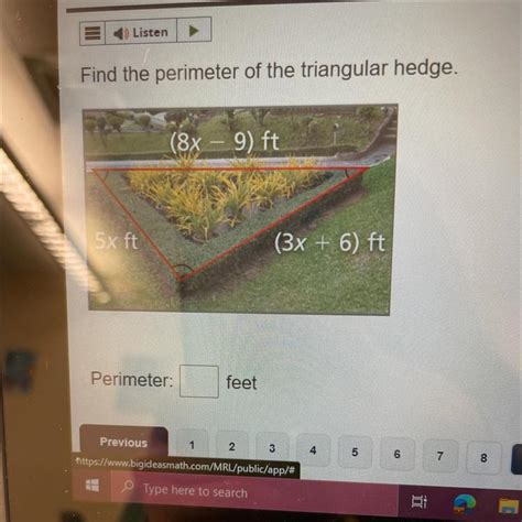 [free] find the perimeter of the triangular hedge 5x ft perimeter 8x 9 ft feet 3x 6 ft