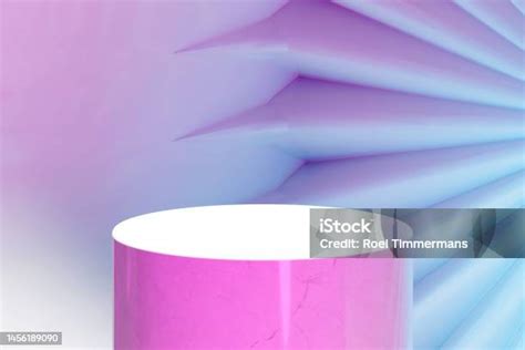단일 대리석 넓은 분홍색 조명 실린더 모양의 제품 프레젠테이션 단계 미래적인 네온 조명이 파란색과 분홍색 터빈 모양의 배경 0명에 대한 스톡 사진 및 기타 이미지 Istock