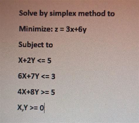 Solved Solve By Simplex Method To Minimize Z3x6y Subject