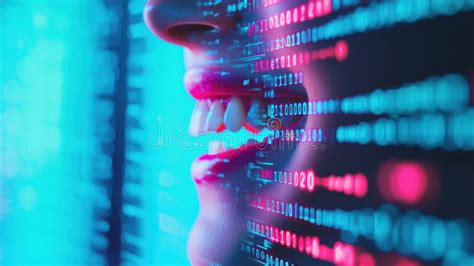 digital smile futuristic woman data flow tech background binary code