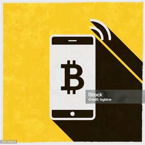 비트 코인 기호와 모바일 지불 질감이 있는 노란색 배경에 긴 그림자가 있는 아이콘 Brand Name Mobile Payment에 대한 스톡 벡터 아트 및 기타 이미지