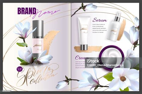 카탈로그 잡지에 대 한 목련와 화장품 제품에 대 한 광고 포스터입니다 화장품 패키지의 벡터 디자인입니다 향수 광고 포스터입니다