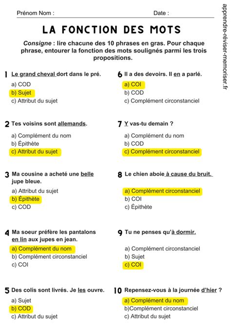 La Fonction Des Mots Exercices De Grammaire En Français