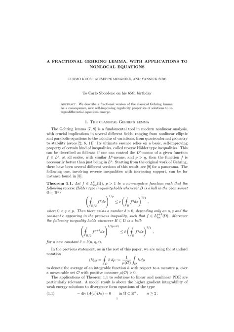 Pdf A Fractional Gehring Lemma With Applications To Nonlocal Equations