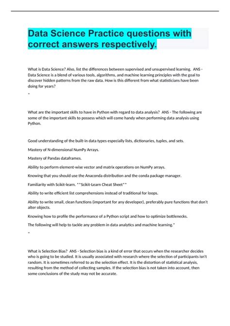Data Science Practice Questions With Correct Answers Respectively Data Science Ms Stuvia Us