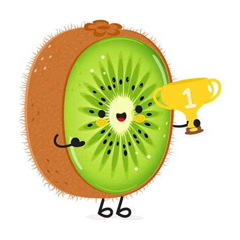 Cute Funny Kiwi Fruit Hold Gold Trophy Cup Vector Hand Drawn Cartoon