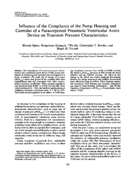 Pdf Influence Of The Compliance Of The Pump Housing And Cannulas Of A Paracorporeal Pneumatic