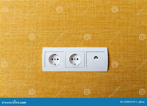 White Double Socket And Ethernet Plug On Wall Stock Image Image Of Electricity Connector