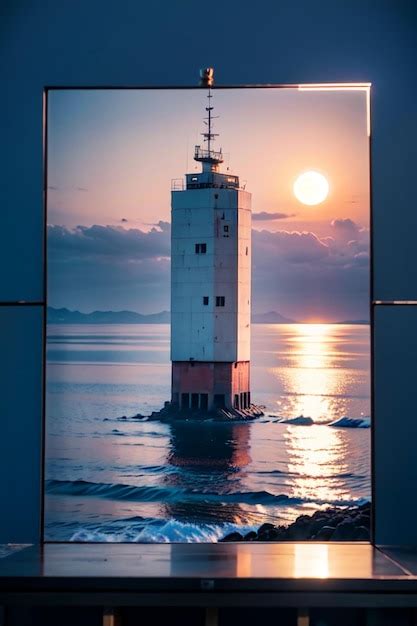 Premium Ai Image A Lighthouse In The Water With The Sun Setting Behind It