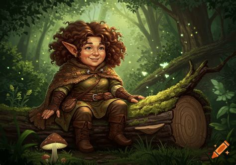 A Curly Haired Gnome With Pointy Ears Sits On A Mossy Log In A Magical