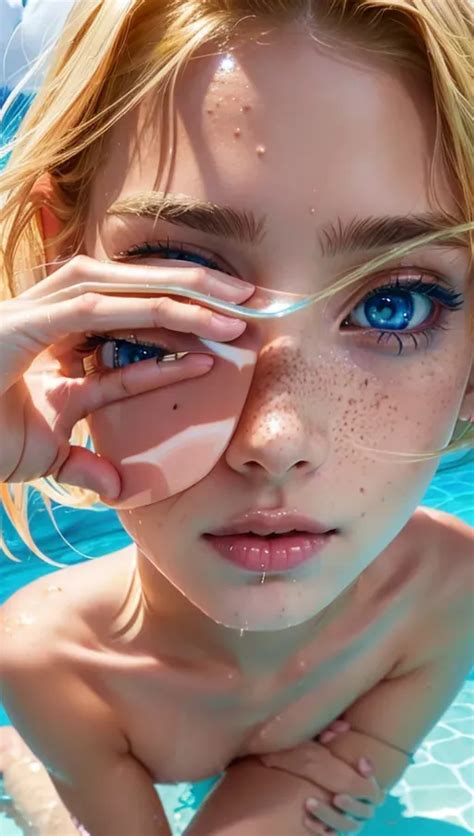 Dopamine Girl Swimming In A Tropical Lake Naked Swimming Wet Hair Blonde Stormy Sky Ray