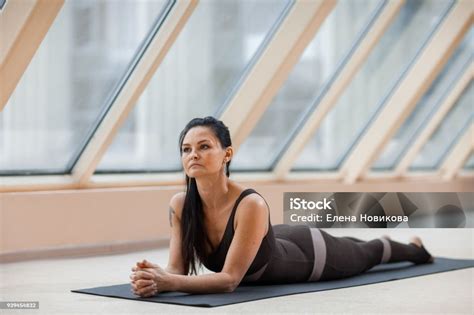 갈색 머리 여자 요가 개념 코브라 운동에서 스트레칭 앞에 큰 창의 Bhujangasana 포즈 연습 밖으로 전체 길이 큰 창