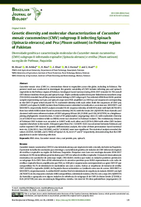 Pdf Genetic Diversity And Molecular Characterization Of Cucumber Mosaic Cucumovirus Cmv