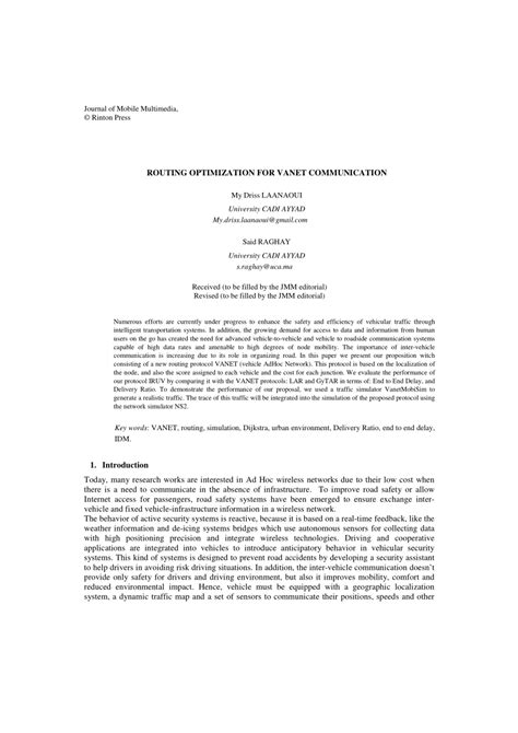 Pdf Routing Optimization For Vanet Communication