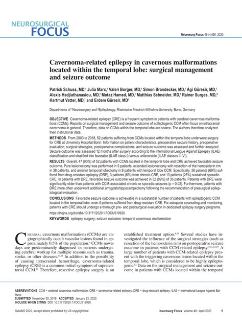 Pdf Cavernoma Related Epilepsy In Cavernous Malformations Located Within The Temporal Lobe