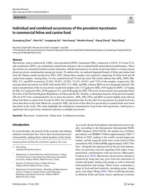 Pdf Individual And Combined Occurrences Of The Prevalent Mycotoxins In Commercial Feline And