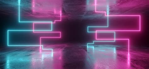 미래 네온 조명 레이저 보라색 파란색 빛나는 현대 복고풍 공상 과학 소설 우아한 우주선 클럽 밤 어두운 차고 지하 그런지 콘크리트 반사 추상 빔 3d 렌더링 0명에 대한