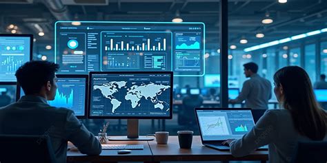 두 명의 전문가가 다양한 통계 트렌드를 표시하는 그래픽 및 맵으로 현대 사무실의 여러 화면에 대한 데이터를 분석합니다 데이터 분석 전문가 다수의 여러 화면 배경