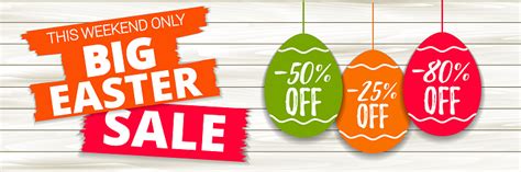 큰 부활절 판매 제공 배너 템플릿 나무 배경에 고립 된 문자가있는 색이 있는 부활절 달걀 가격 스티커 부활절 종이 계란 판매 태그 시장 웹 배너 또는 포스터 디자인을 쇼핑