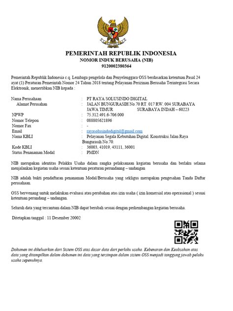 Nib Nomor Induk Berusaha Pdf