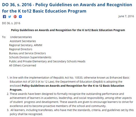 DO 36, s. 2016 - Policy Guidelines on Awards and Recognition for the K to12 Basic Education ...