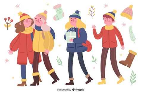 겨울 옷을 입고 사람들 세트 무료 벡터