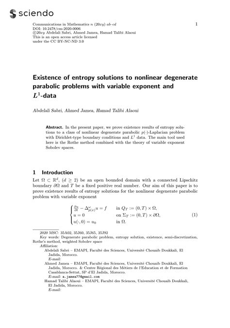Pdf Existence Of Entropy Solutions To Nonlinear Degenerate Parabolic Problems With Variable