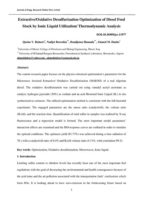 Extractive Oxidative Desulfurization Optimization Of Diesel Feed