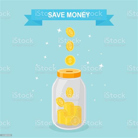 유리 병에 돈을 저축하십시오 머니 박스에서 자라는 금화 예금 저축 은퇴에 대한 투자 부 소득 개념 병에 떨어지는 현금 수익에 대한 스톡 벡터 아트 및 기타 이미지 Istock