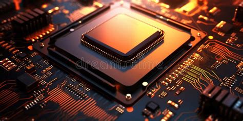 Heart Of The Machine Microprocessor In Warm Glow Red Motherboard