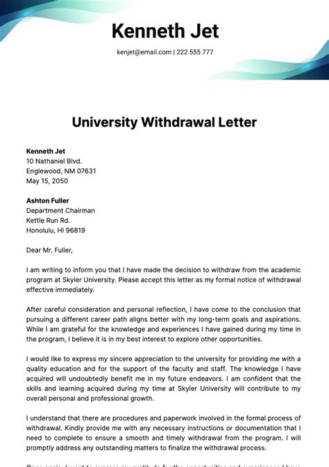 University Withdrawal Letter Template Edit Online And Download Example