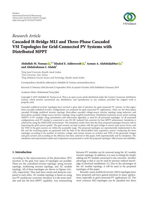 Pdf Cascaded H Bridge Mli And Three Phase Cascaded Vsi Topologies For Grid Connected Pv