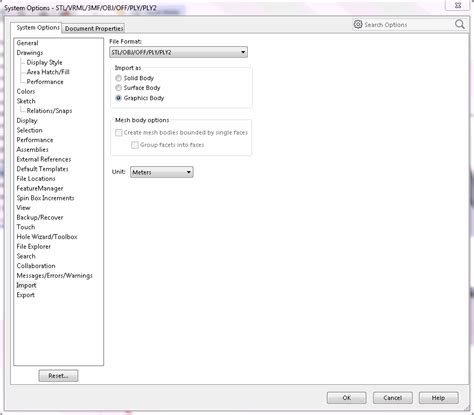 System Options Import STL OBJ OFF PLY PLY SOLIDWORKS API Help