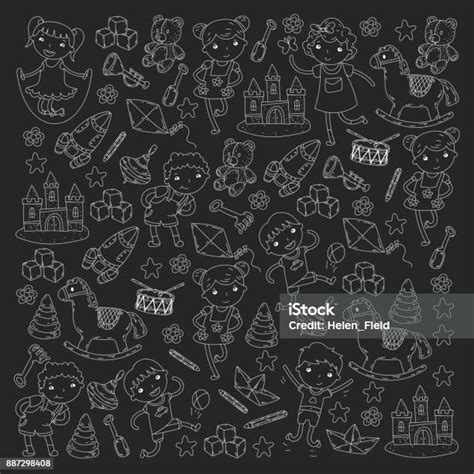 유치원 유치원 보육원 교육 어린이 낙서 패턴 아이 놀이 공부 하는 남자와 여자와 아이 드로잉 아이콘 공간 모험 탐험 상상력 개념 2 3 살에 대한 스톡 벡터 아트 및 기타