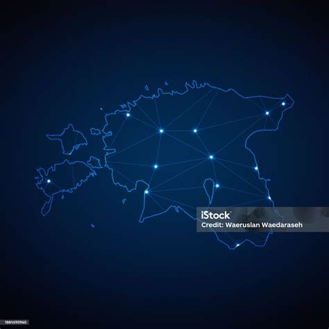 에스토니아의 추상 Wireframe 메쉬 다각형 지도 와 조명 와 도시 통하고 있는 진한 파란색 배경 벡터 일러스트 레이 션 Eps10 에스토니아에 대한 스톡 벡터 아트 및