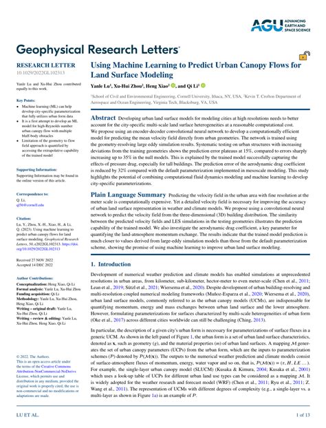 Pdf Using Machine Learning To Predict Urban Canopy Flows For Land Surface Modeling