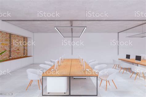 현대적인 흰색 콘크리트와 벽돌 공동 작업 사무실 인테리어와 가구와 장비 3d 렌더링 0명에 대한 스톡 사진 및 기타 이미지 0명 3차원 형태 가구 Istock