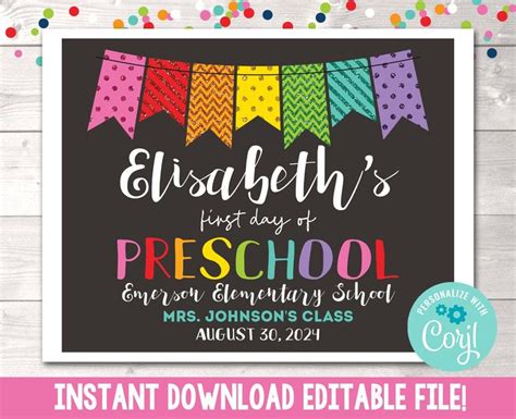 Printable 1st Day Of Preschool Sign Editable First Day Of School Photo