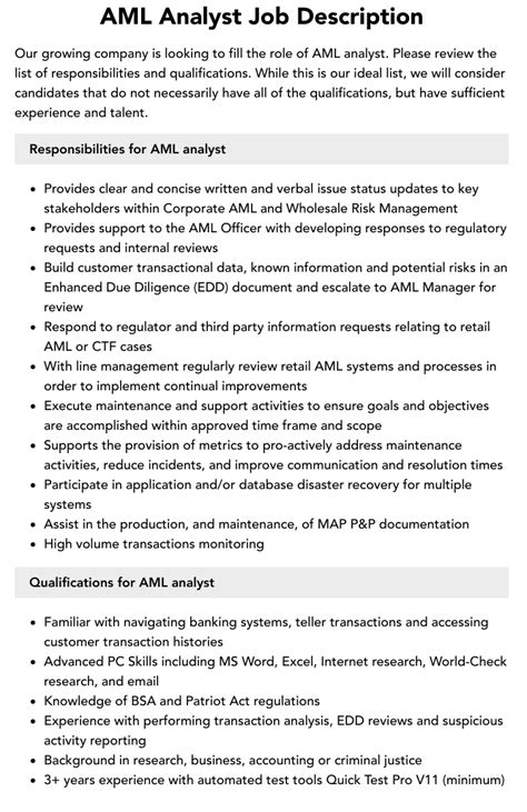 Aml Analyst Job Description Velvet Jobs