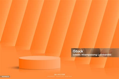 주황색 3d 실린더 연단 받침대가 있는 현대적인 최소 배경은 사실적이고 빛나는 밝은 복도 내부 배경입니다 3d 벡터 기하학적 플랫폼 디자인 쇼케이스를 위한 무대 모형