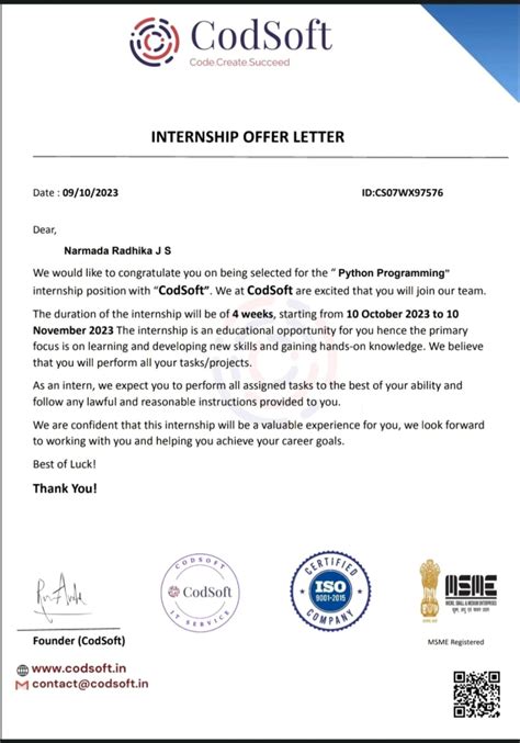 narmada radhika j s on linkedin codsoft internship professionalgrowth