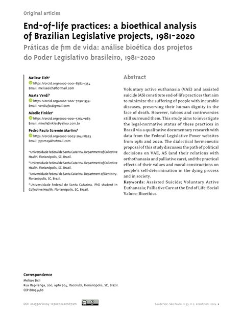 Pdf End Of Life Practices A Bioethical Analysis Of Brazilian