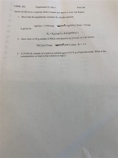 Solved Chml 202 Experiment 32 Part 1 Post Lab Anwer All The