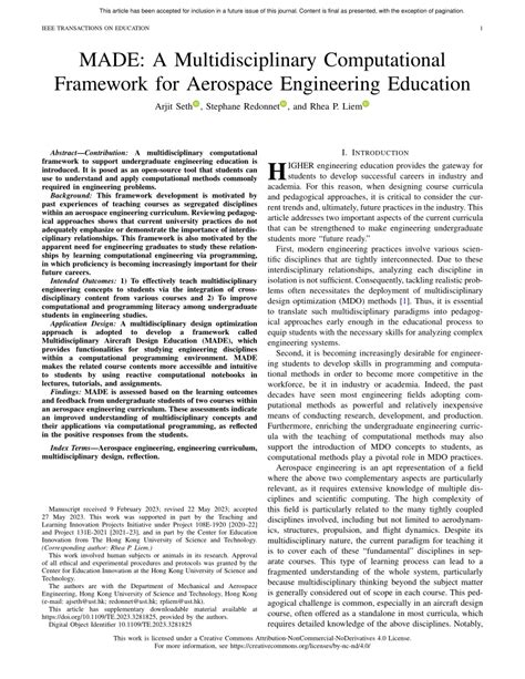 PDF MADE A Multidisciplinary Computational Framework For Aerospace Engineering Education
