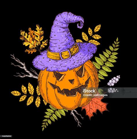 마녀 모자를 쓴 할로윈 호박 호박과 단풍이 들어간 할로윈 꽃다발 손으로 그린 벡터 일러스트레이션 잭 오 랜턴 휴일 할로윈을위한 디자인 10월에 대한 스톡 벡터 아트 및 기타