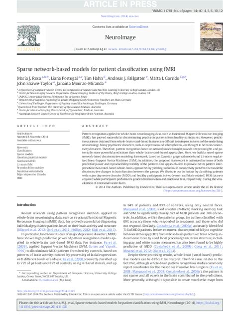 Pdf Sparse Network Based Models For Patient Classification Using Fmri